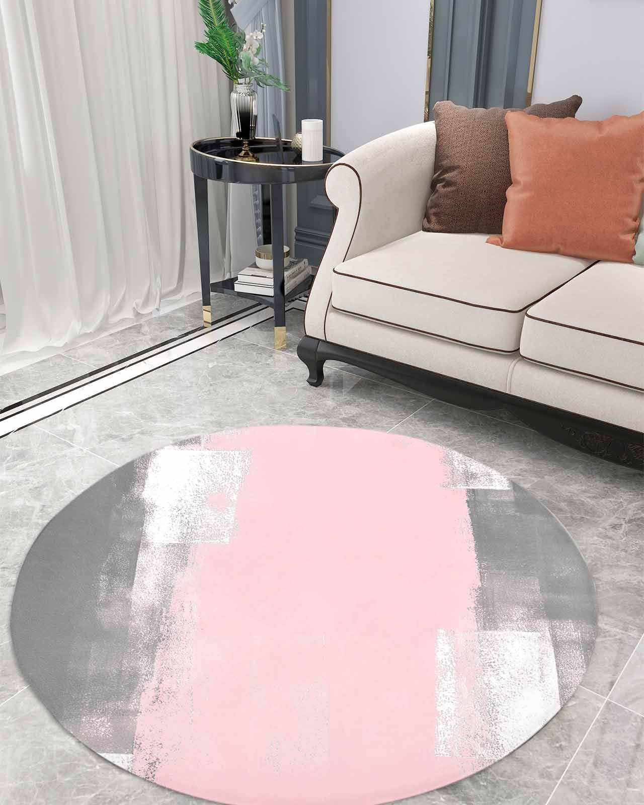 Contemporary Fluffy Round Area Rug Carpets 3.3ft, Plush Shaggy Carpet Soft Circular Rugs, Non-Slip Fuzzy Accent Floor Mat for Living Room Bedroom Nursery Pink Grey Abstract Minimalist Painting Art