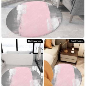 Contemporary Fluffy Round Area Rug Carpets 3.3ft, Plush Shaggy Carpet Soft Circular Rugs, Non-Slip Fuzzy Accent Floor Mat for Living Room Bedroom Nursery Pink Grey Abstract Minimalist Painting Art