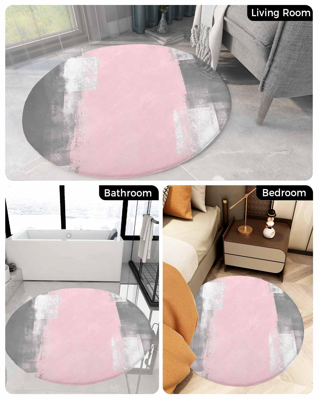 Contemporary Fluffy Round Area Rug Carpets 3.3ft, Plush Shaggy Carpet Soft Circular Rugs, Non-Slip Fuzzy Accent Floor Mat for Living Room Bedroom Nursery Pink Grey Abstract Minimalist Painting Art