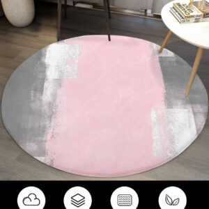 Contemporary Fluffy Round Area Rug Carpets 3.3ft, Plush Shaggy Carpet Soft Circular Rugs, Non-Slip Fuzzy Accent Floor Mat for Living Room Bedroom Nursery Pink Grey Abstract Minimalist Painting Art