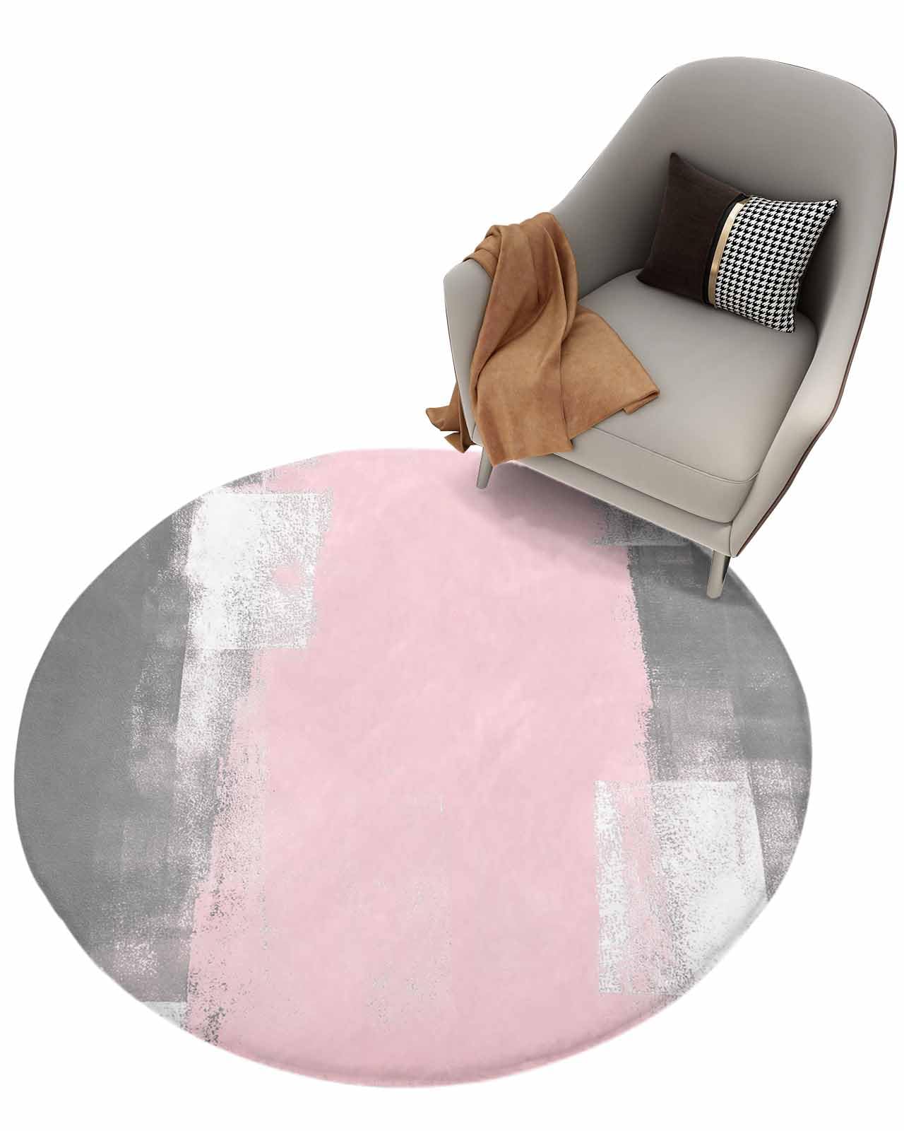 Contemporary Fluffy Round Area Rug Carpets 3.3ft, Plush Shaggy Carpet Soft Circular Rugs, Non-Slip Fuzzy Accent Floor Mat for Living Room Bedroom Nursery Pink Grey Abstract Minimalist Painting Art