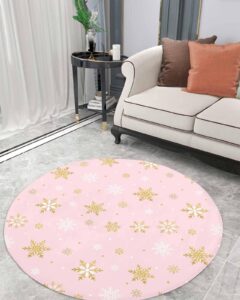 blush pink snowflake fluffy round area rug carpets 3.3ft, plush shaggy carpet soft circular rugs, non-slip fuzzy accent floor mat for living room bedroom nursery merry christmas romantic gold white