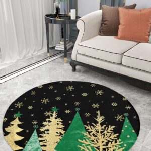 Christmas Black Fluffy Round Area Rug Carpets 3ft, Plush Shaggy Carpet Soft Circular Rugs, Non-Slip Fuzzy Accent Floor Mat for Living Room Bedroom Nursery Home Decor Xmas Tree Geometric Green Gold