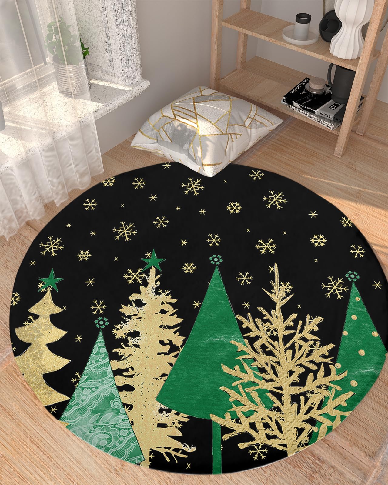 Christmas Black Fluffy Round Area Rug Carpets 3ft, Plush Shaggy Carpet Soft Circular Rugs, Non-Slip Fuzzy Accent Floor Mat for Living Room Bedroom Nursery Home Decor Xmas Tree Geometric Green Gold