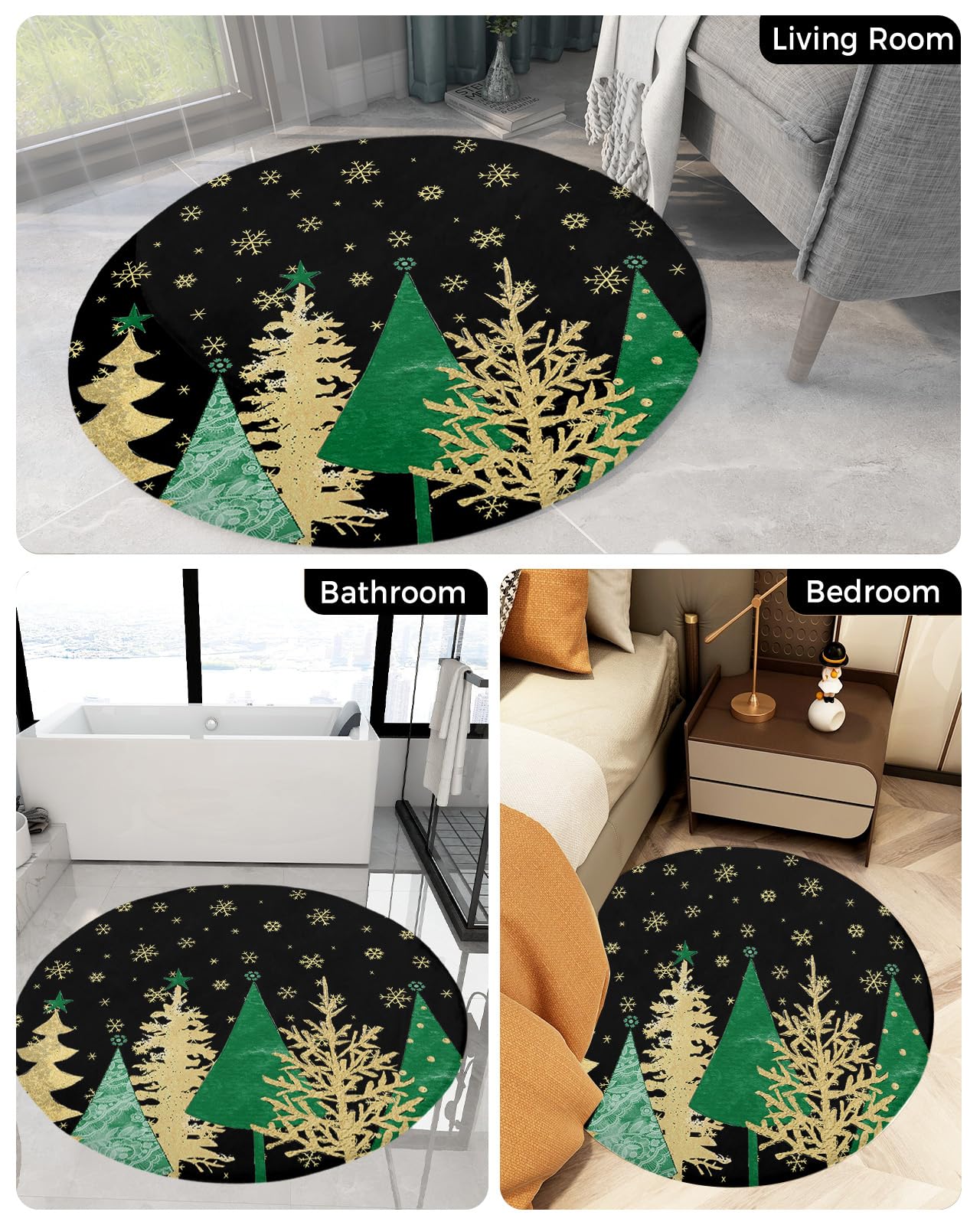 Christmas Black Fluffy Round Area Rug Carpets 3ft, Plush Shaggy Carpet Soft Circular Rugs, Non-Slip Fuzzy Accent Floor Mat for Living Room Bedroom Nursery Home Decor Xmas Tree Geometric Green Gold