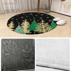 Christmas Black Fluffy Round Area Rug Carpets 3ft, Plush Shaggy Carpet Soft Circular Rugs, Non-Slip Fuzzy Accent Floor Mat for Living Room Bedroom Nursery Home Decor Xmas Tree Geometric Green Gold