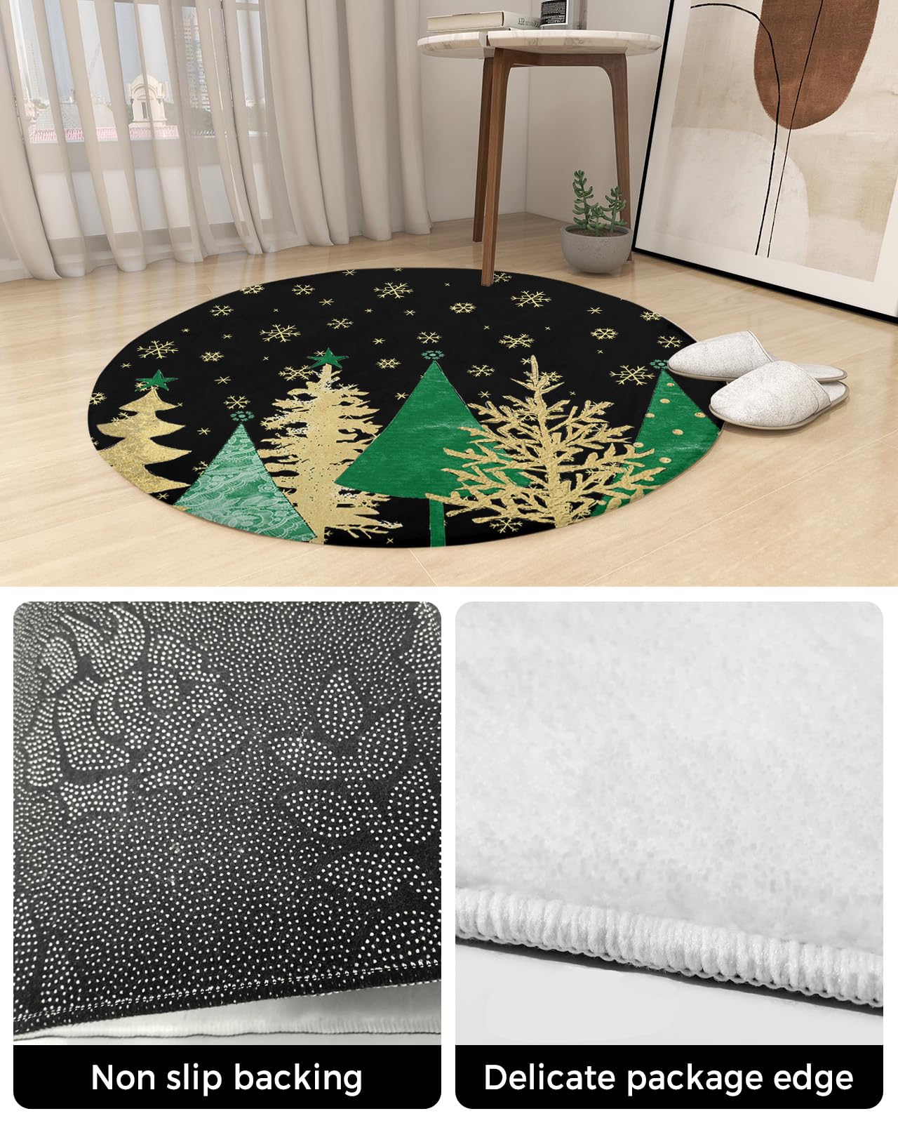 Christmas Black Fluffy Round Area Rug Carpets 3ft, Plush Shaggy Carpet Soft Circular Rugs, Non-Slip Fuzzy Accent Floor Mat for Living Room Bedroom Nursery Home Decor Xmas Tree Geometric Green Gold