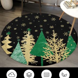 Christmas Black Fluffy Round Area Rug Carpets 3ft, Plush Shaggy Carpet Soft Circular Rugs, Non-Slip Fuzzy Accent Floor Mat for Living Room Bedroom Nursery Home Decor Xmas Tree Geometric Green Gold