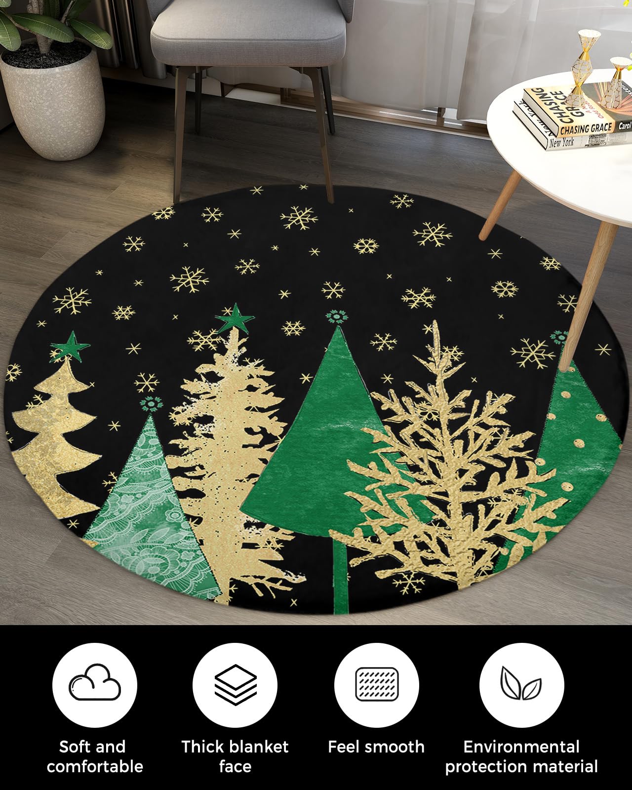 Christmas Black Fluffy Round Area Rug Carpets 3ft, Plush Shaggy Carpet Soft Circular Rugs, Non-Slip Fuzzy Accent Floor Mat for Living Room Bedroom Nursery Home Decor Xmas Tree Geometric Green Gold