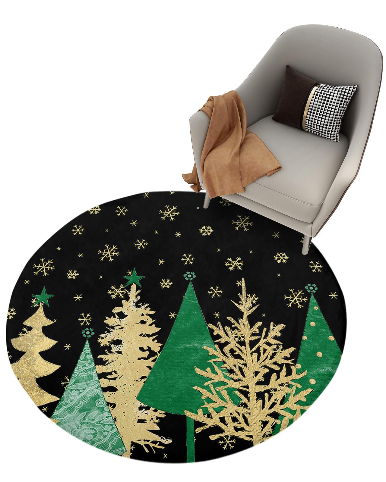 Christmas Black Fluffy Round Area Rug Carpets 3ft, Plush Shaggy Carpet Soft Circular Rugs, Non-Slip Fuzzy Accent Floor Mat for Living Room Bedroom Nursery Home Decor Xmas Tree Geometric Green Gold