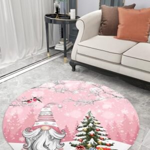 Christmas Gnomes Fluffy Round Area Rug Carpets 4ft, Plush Shaggy Carpet Soft Circular Rugs, Non-Slip Fuzzy Accent Floor Mat for Living Room Bedroom Nursery Home Decor Xmas Snowy Tree Bird Pink