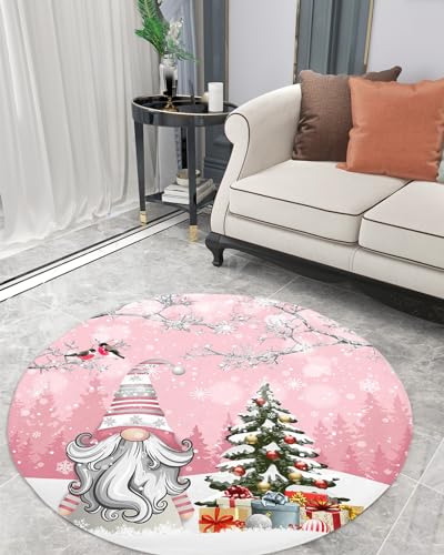 Christmas Gnomes Fluffy Round Area Rug Carpets 4ft, Plush Shaggy Carpet Soft Circular Rugs, Non-Slip Fuzzy Accent Floor Mat for Living Room Bedroom Nursery Home Decor Xmas Snowy Tree Bird Pink