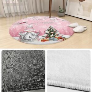 Christmas Gnomes Fluffy Round Area Rug Carpets 4ft, Plush Shaggy Carpet Soft Circular Rugs, Non-Slip Fuzzy Accent Floor Mat for Living Room Bedroom Nursery Home Decor Xmas Snowy Tree Bird Pink