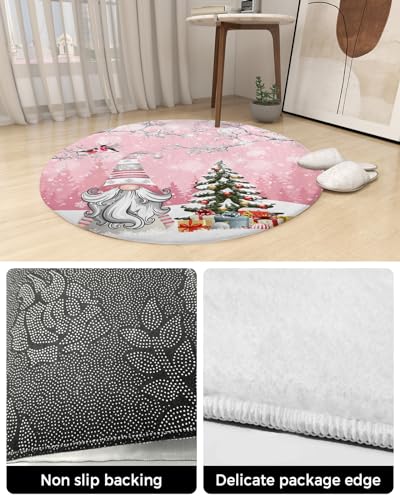 Christmas Gnomes Fluffy Round Area Rug Carpets 4ft, Plush Shaggy Carpet Soft Circular Rugs, Non-Slip Fuzzy Accent Floor Mat for Living Room Bedroom Nursery Home Decor Xmas Snowy Tree Bird Pink