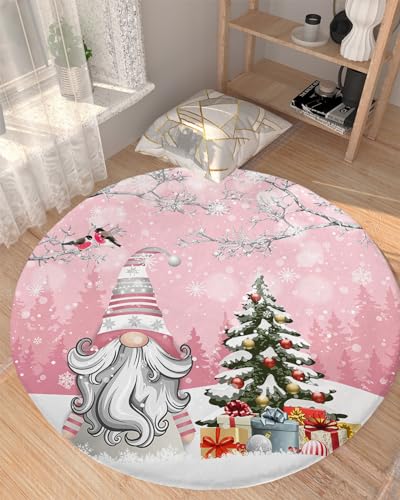 Christmas Gnomes Fluffy Round Area Rug Carpets 4ft, Plush Shaggy Carpet Soft Circular Rugs, Non-Slip Fuzzy Accent Floor Mat for Living Room Bedroom Nursery Home Decor Xmas Snowy Tree Bird Pink