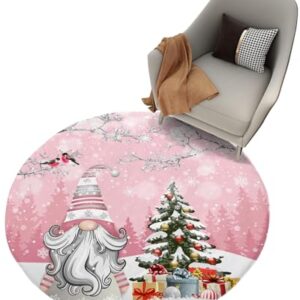 Christmas Gnomes Fluffy Round Area Rug Carpets 4ft, Plush Shaggy Carpet Soft Circular Rugs, Non-Slip Fuzzy Accent Floor Mat for Living Room Bedroom Nursery Home Decor Xmas Snowy Tree Bird Pink