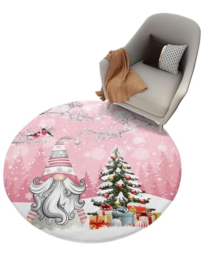 Christmas Gnomes Fluffy Round Area Rug Carpets 4ft, Plush Shaggy Carpet Soft Circular Rugs, Non-Slip Fuzzy Accent Floor Mat for Living Room Bedroom Nursery Home Decor Xmas Snowy Tree Bird Pink