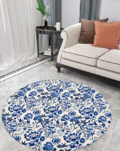 floral leaves fluffy round area rug carpets 4ft, plush shaggy carpet soft circular rugs, non-slip fuzzy accent floor mat for living room bedroom nursery home decor vintage blue botanical plant flower