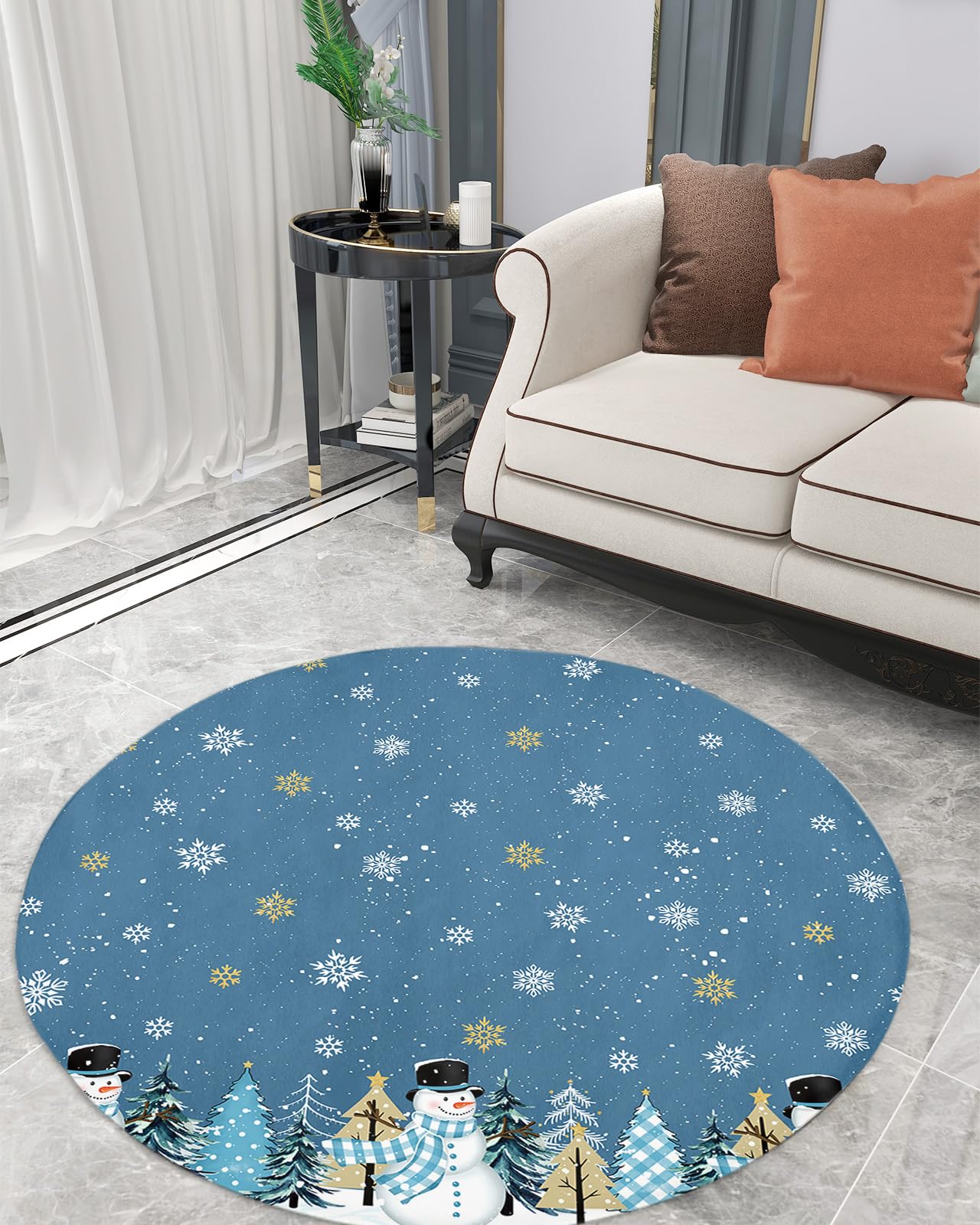 Christmas Snowman Fluffy Round Area Rug Carpets 3.3ft, Plush Shaggy Carpet Soft Circular Rugs, Non-Slip Fuzzy Accent Floor Mat for Living Room Bedroom Nursery Home Decor Blue Winter Tree Snowflake