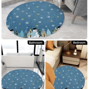 Christmas Snowman Fluffy Round Area Rug Carpets 3.3ft, Plush Shaggy Carpet Soft Circular Rugs, Non-Slip Fuzzy Accent Floor Mat for Living Room Bedroom Nursery Home Decor Blue Winter Tree Snowflake