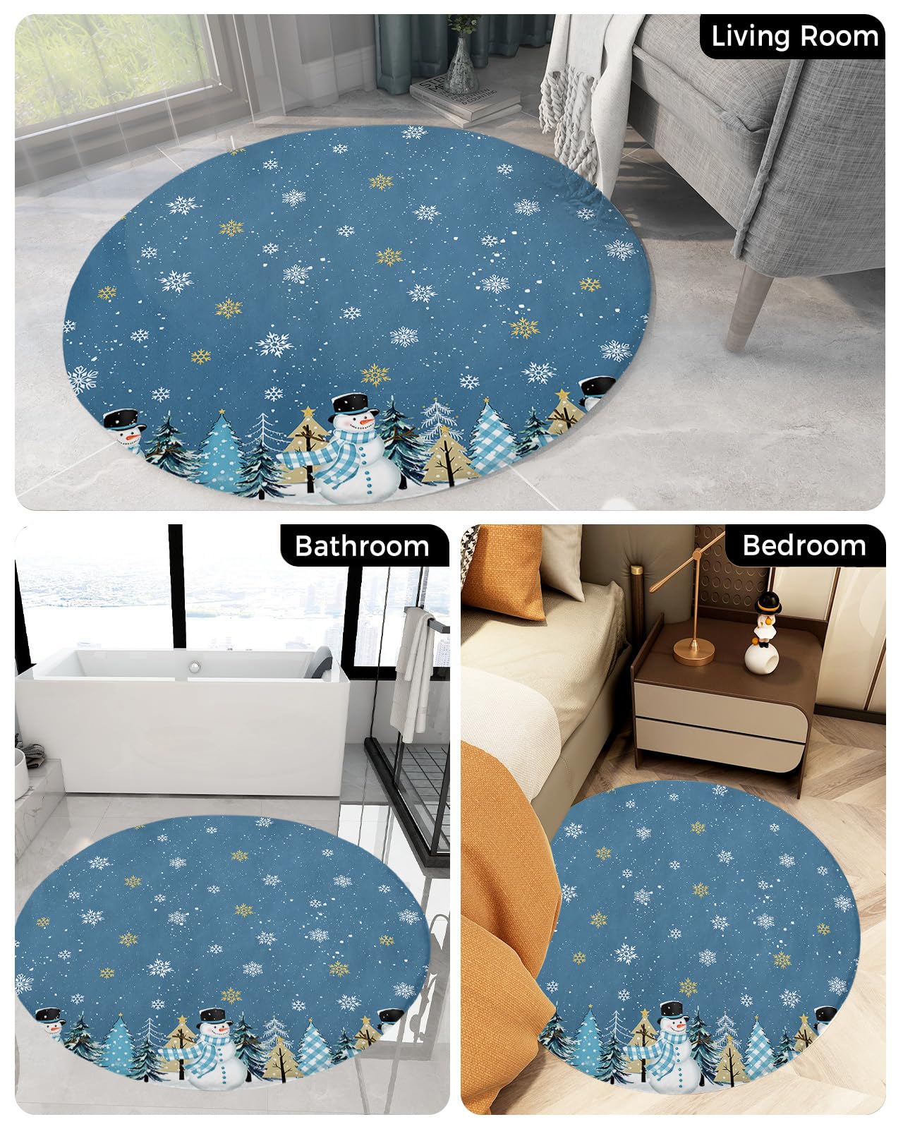 Christmas Snowman Fluffy Round Area Rug Carpets 3.3ft, Plush Shaggy Carpet Soft Circular Rugs, Non-Slip Fuzzy Accent Floor Mat for Living Room Bedroom Nursery Home Decor Blue Winter Tree Snowflake