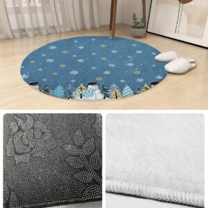 Christmas Snowman Fluffy Round Area Rug Carpets 3.3ft, Plush Shaggy Carpet Soft Circular Rugs, Non-Slip Fuzzy Accent Floor Mat for Living Room Bedroom Nursery Home Decor Blue Winter Tree Snowflake