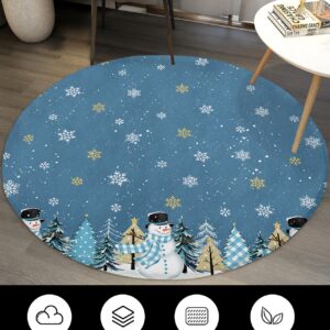 Christmas Snowman Fluffy Round Area Rug Carpets 3.3ft, Plush Shaggy Carpet Soft Circular Rugs, Non-Slip Fuzzy Accent Floor Mat for Living Room Bedroom Nursery Home Decor Blue Winter Tree Snowflake