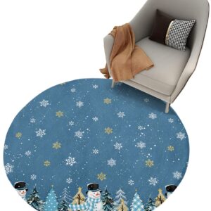 Christmas Snowman Fluffy Round Area Rug Carpets 3.3ft, Plush Shaggy Carpet Soft Circular Rugs, Non-Slip Fuzzy Accent Floor Mat for Living Room Bedroom Nursery Home Decor Blue Winter Tree Snowflake