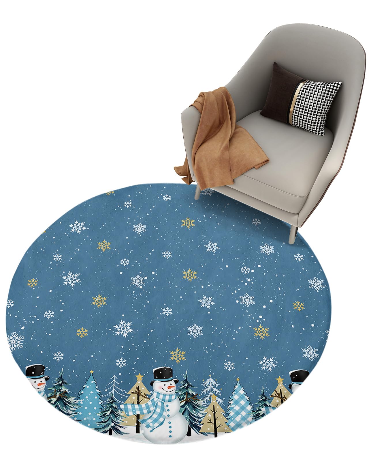 Christmas Snowman Fluffy Round Area Rug Carpets 3.3ft, Plush Shaggy Carpet Soft Circular Rugs, Non-Slip Fuzzy Accent Floor Mat for Living Room Bedroom Nursery Home Decor Blue Winter Tree Snowflake