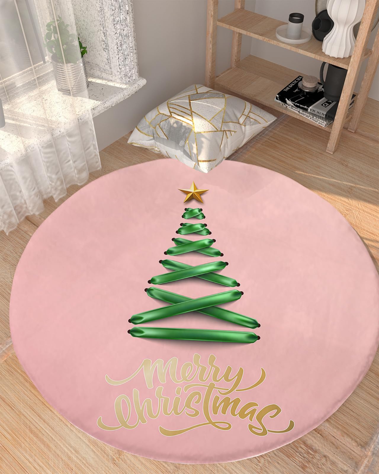 Christmas Fluffy Round Area Rug Carpets 5ft,Plush Shaggy Carpet Soft Circular Rugs,Non-Slip Fuzzy Accent Floor Mat for Living Room Bedroom Nursery Home Decor Geometric Abstract Contemporary Tree Pink