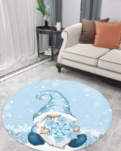 winter fluffy round area rug carpets 4ft, plush shaggy carpet soft circular rugs, non-slip fuzzy accent floor mat for living room bedroom nursery home decor christmas gnomes blue snowflake