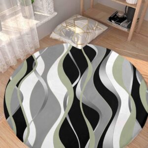 Sage Green Stripes Fluffy Round Area Rug Carpets 4ft, Plush Shaggy Carpet Soft Circular Rugs, Non-Slip Fuzzy Accent Floor Mat for Living Room Bedroom Nursery Decor Modern Geometric Black Grey White