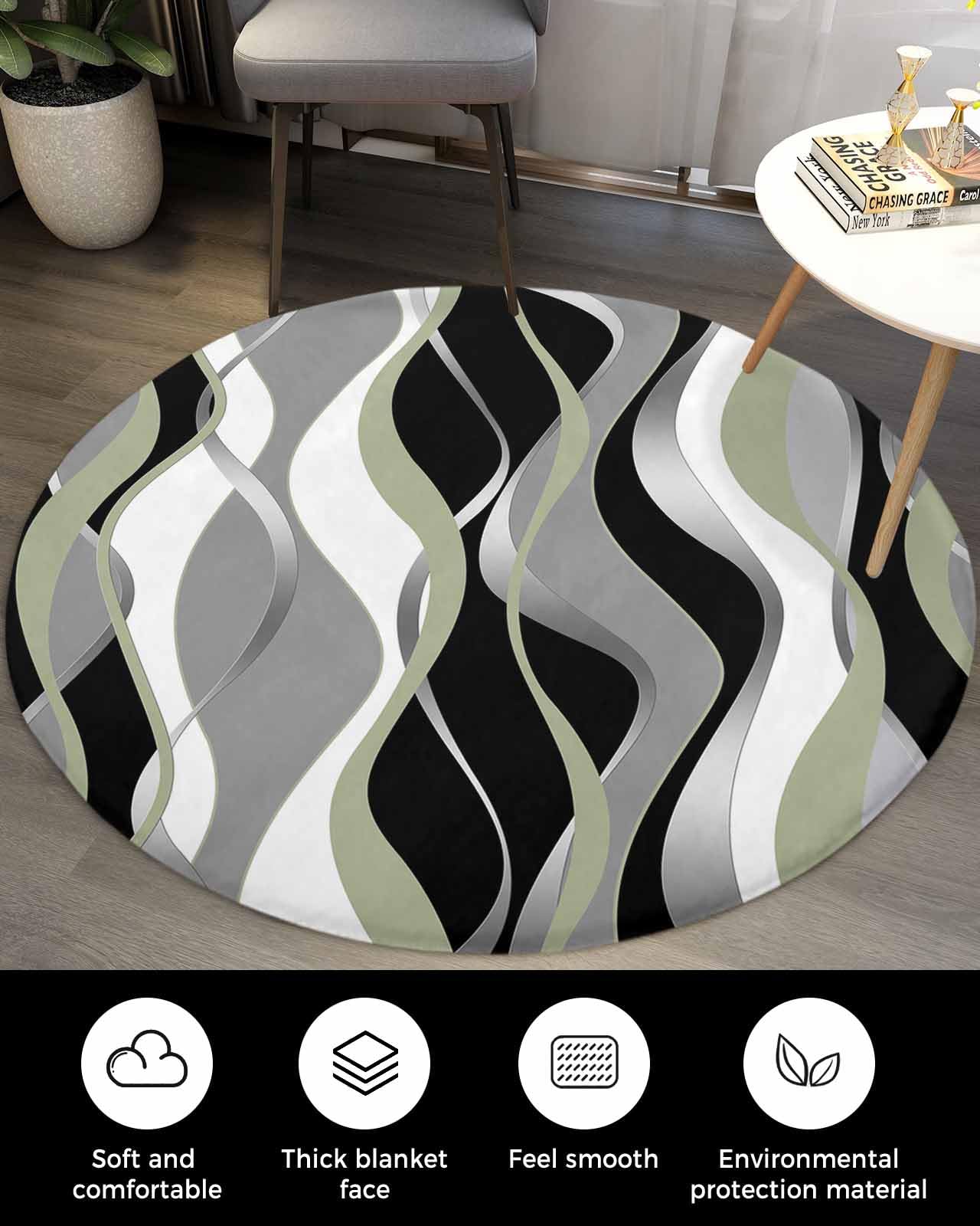 Sage Green Stripes Fluffy Round Area Rug Carpets 4ft, Plush Shaggy Carpet Soft Circular Rugs, Non-Slip Fuzzy Accent Floor Mat for Living Room Bedroom Nursery Decor Modern Geometric Black Grey White