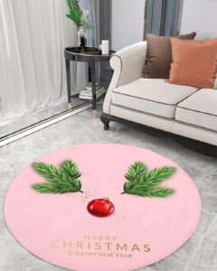 blush pink christmas fluffy round area rug carpets 4ft, plush shaggy carpet soft circular rugs, non-slip fuzzy accent floor mat for living room bedroom nursery xmas winter pine tree leaf green gold