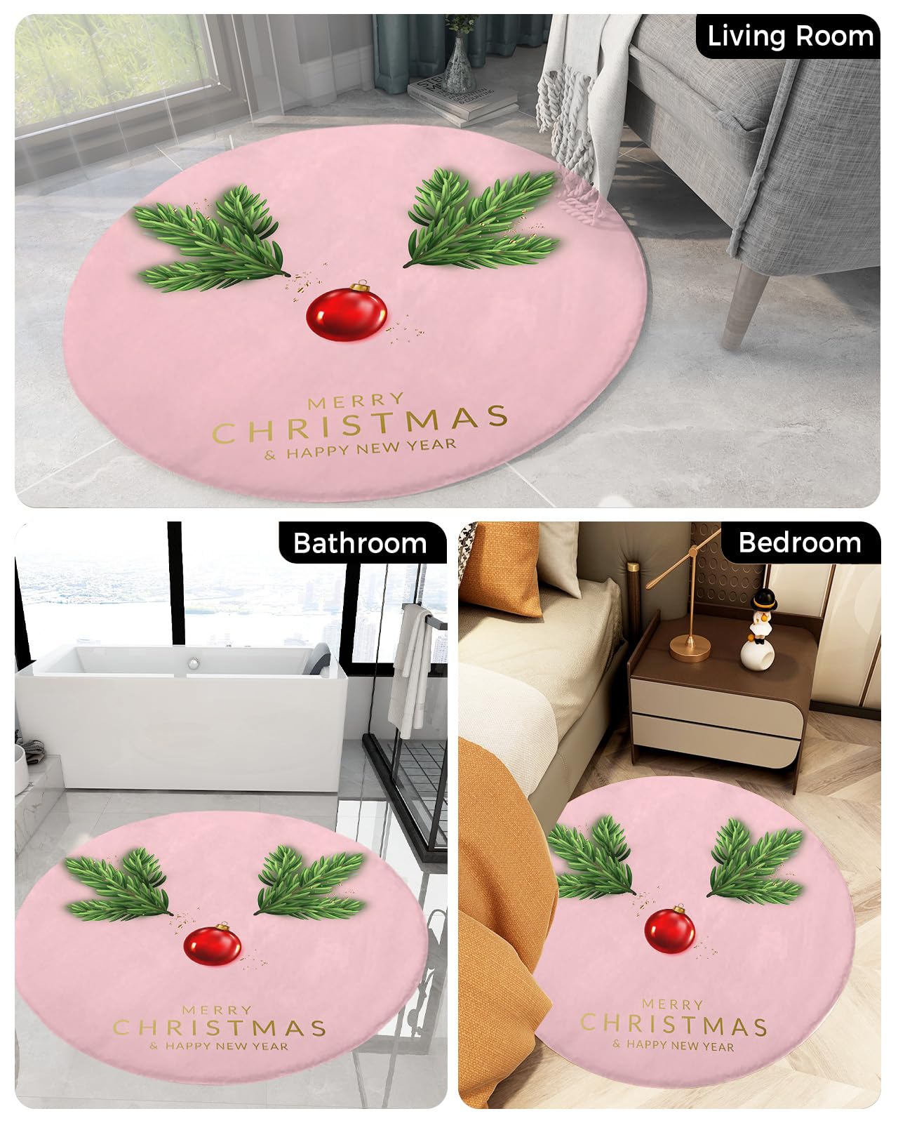 Blush Pink Christmas Fluffy Round Area Rug Carpets 4ft, Plush Shaggy Carpet Soft Circular Rugs, Non-Slip Fuzzy Accent Floor Mat for Living Room Bedroom Nursery Xmas Winter Pine Tree Leaf Green Gold