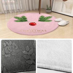 Blush Pink Christmas Fluffy Round Area Rug Carpets 4ft, Plush Shaggy Carpet Soft Circular Rugs, Non-Slip Fuzzy Accent Floor Mat for Living Room Bedroom Nursery Xmas Winter Pine Tree Leaf Green Gold