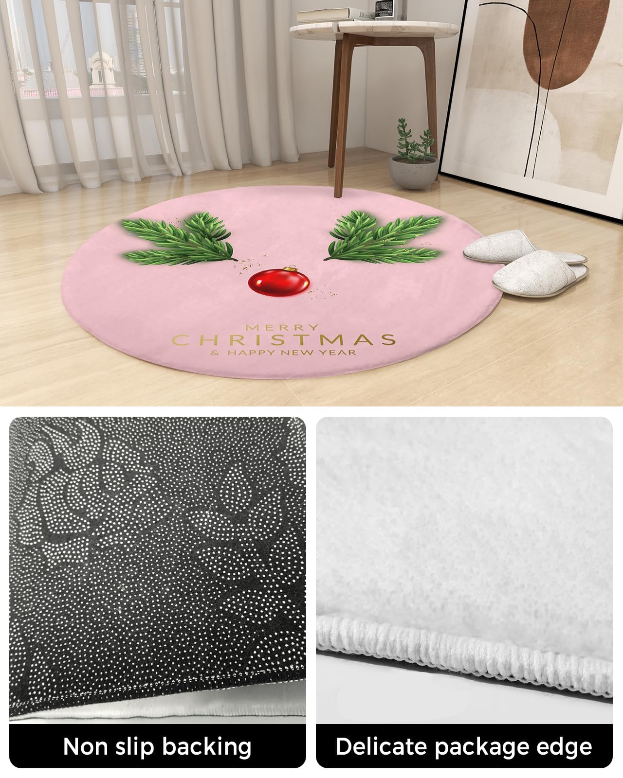 Blush Pink Christmas Fluffy Round Area Rug Carpets 4ft, Plush Shaggy Carpet Soft Circular Rugs, Non-Slip Fuzzy Accent Floor Mat for Living Room Bedroom Nursery Xmas Winter Pine Tree Leaf Green Gold