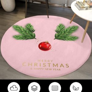 Blush Pink Christmas Fluffy Round Area Rug Carpets 4ft, Plush Shaggy Carpet Soft Circular Rugs, Non-Slip Fuzzy Accent Floor Mat for Living Room Bedroom Nursery Xmas Winter Pine Tree Leaf Green Gold