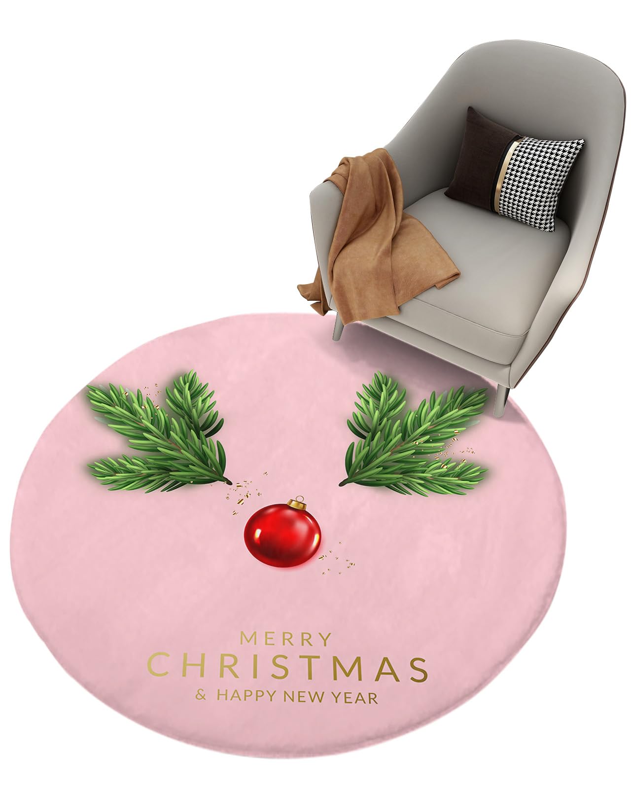 Blush Pink Christmas Fluffy Round Area Rug Carpets 4ft, Plush Shaggy Carpet Soft Circular Rugs, Non-Slip Fuzzy Accent Floor Mat for Living Room Bedroom Nursery Xmas Winter Pine Tree Leaf Green Gold