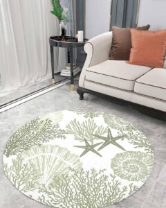 sage green shell fluffy round area rug carpets 3.3ft, plush shaggy carpet soft circular rugs, non-slip fuzzy accent floor mat for living room bedroom nursery ocean nautical starfish abstract geometric