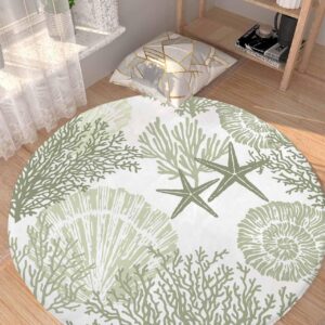 Sage Green Shell Fluffy Round Area Rug Carpets 3.3ft, Plush Shaggy Carpet Soft Circular Rugs, Non-Slip Fuzzy Accent Floor Mat for Living Room Bedroom Nursery Ocean Nautical Starfish Abstract Geometric