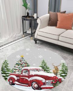 christmas fluffy round area rug carpets 3ft, plush shaggy carpet soft circular rugs, non-slip fuzzy accent floor mat for living room bedroom nursery decor snowy red truck forest winter elk tree grey