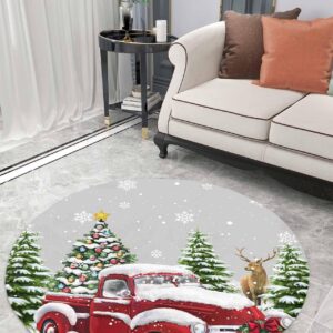 Christmas Fluffy Round Area Rug Carpets 3ft, Plush Shaggy Carpet Soft Circular Rugs, Non-Slip Fuzzy Accent Floor Mat for Living Room Bedroom Nursery Decor Snowy Red Truck Forest Winter Elk Tree Grey