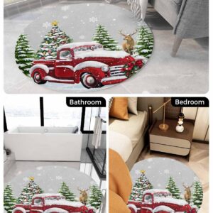 Christmas Fluffy Round Area Rug Carpets 3ft, Plush Shaggy Carpet Soft Circular Rugs, Non-Slip Fuzzy Accent Floor Mat for Living Room Bedroom Nursery Decor Snowy Red Truck Forest Winter Elk Tree Grey