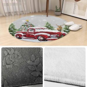 Christmas Fluffy Round Area Rug Carpets 3ft, Plush Shaggy Carpet Soft Circular Rugs, Non-Slip Fuzzy Accent Floor Mat for Living Room Bedroom Nursery Decor Snowy Red Truck Forest Winter Elk Tree Grey