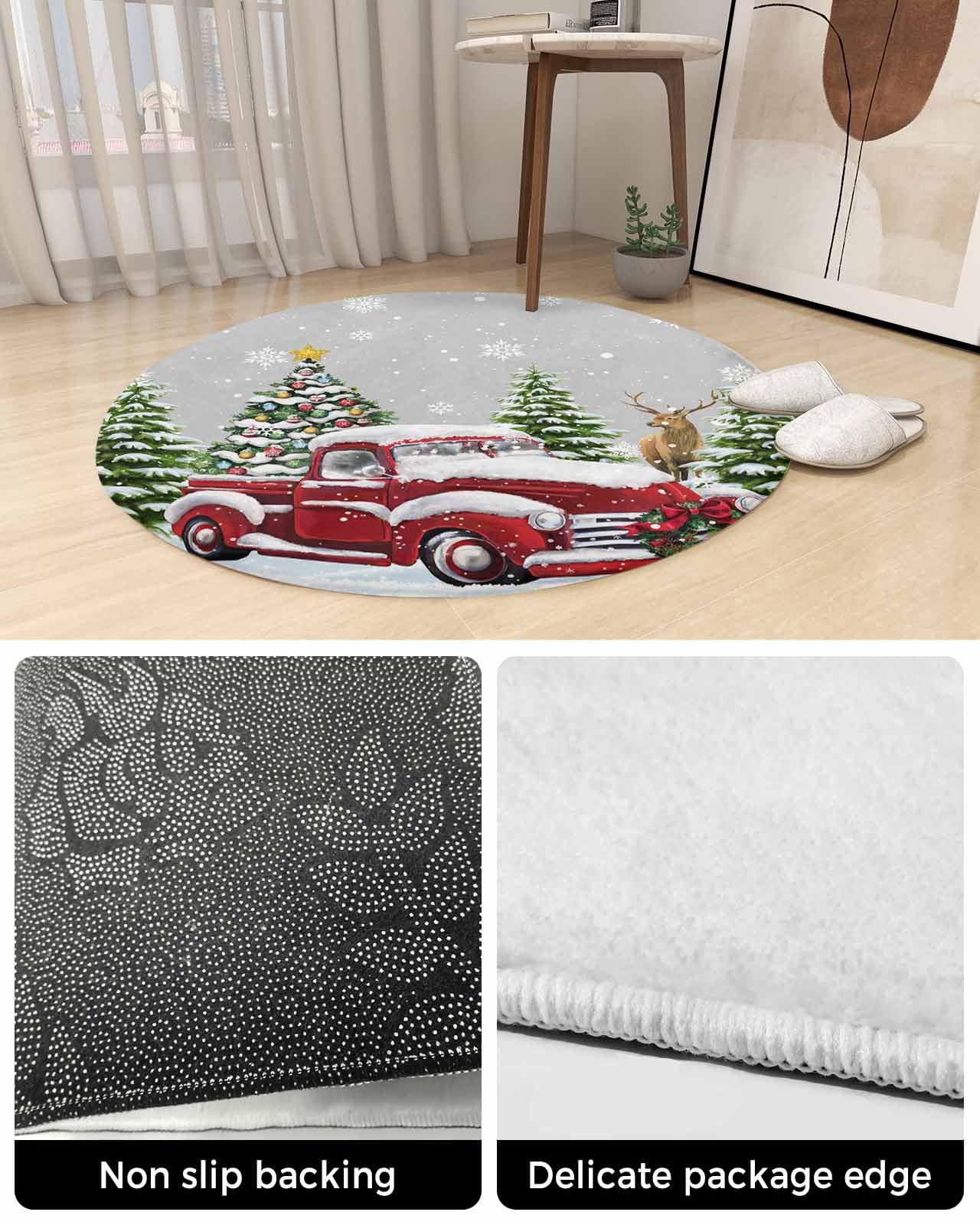 Christmas Fluffy Round Area Rug Carpets 3ft, Plush Shaggy Carpet Soft Circular Rugs, Non-Slip Fuzzy Accent Floor Mat for Living Room Bedroom Nursery Decor Snowy Red Truck Forest Winter Elk Tree Grey