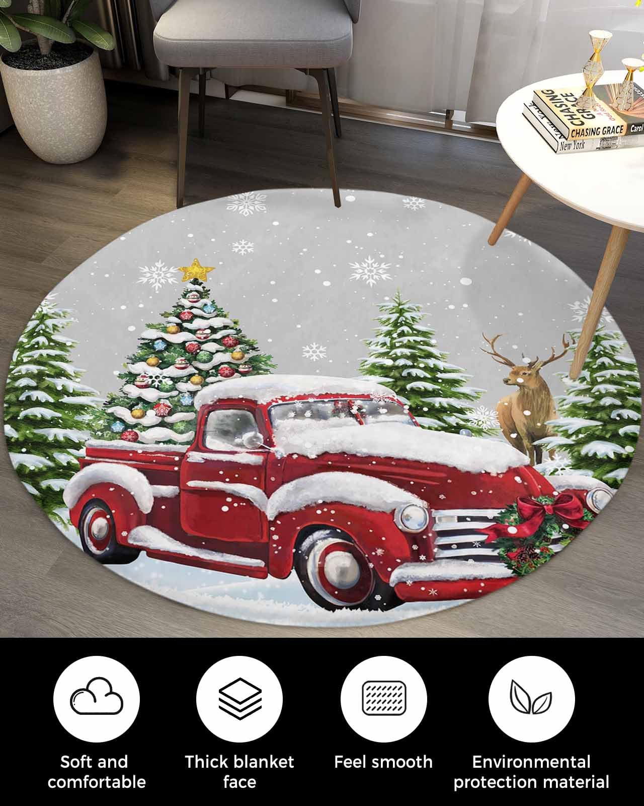 Christmas Fluffy Round Area Rug Carpets 3ft, Plush Shaggy Carpet Soft Circular Rugs, Non-Slip Fuzzy Accent Floor Mat for Living Room Bedroom Nursery Decor Snowy Red Truck Forest Winter Elk Tree Grey