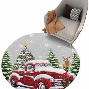 Christmas Fluffy Round Area Rug Carpets 3ft, Plush Shaggy Carpet Soft Circular Rugs, Non-Slip Fuzzy Accent Floor Mat for Living Room Bedroom Nursery Decor Snowy Red Truck Forest Winter Elk Tree Grey