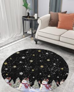 christmas black fluffy round area rug carpets 3ft, plush shaggy carpet soft circular rugs, non-slip fuzzy accent floor mat for living room bedroom nursery home decor snowman gold snowflake xmas tree