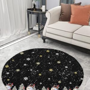 Christmas Black Fluffy Round Area Rug Carpets 3ft, Plush Shaggy Carpet Soft Circular Rugs, Non-Slip Fuzzy Accent Floor Mat for Living Room Bedroom Nursery Home Decor Snowman Gold Snowflake Xmas Tree